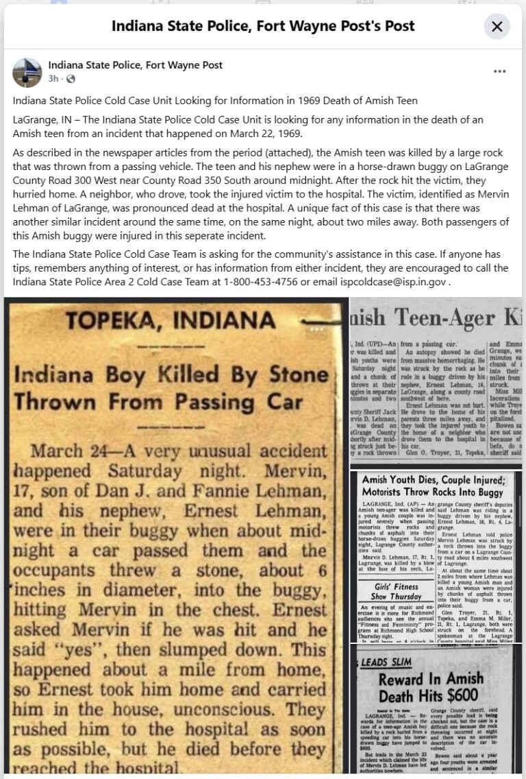 Amish Teen Killed In Rock Attack: Police Seek Help In 1969 Cold Case ...